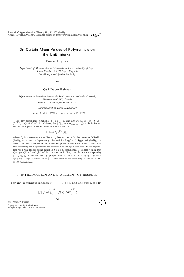 (PDF) On Certain Mean Values of Polynomials on the Unit Interval