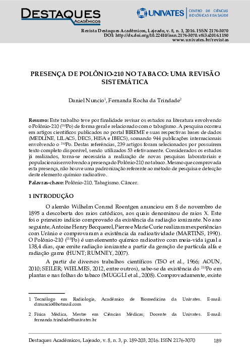 (PDF) Presença De POLÔNIO-210 No Tabaco: Uma Revisão Sistemática