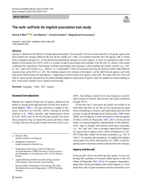 (PDF) The Verb–Self Link: An Implicit Association Test Study