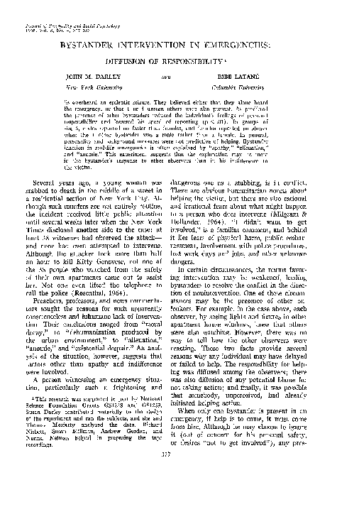 (PDF) Bystander intervention in emergencies: Diffusion of responsibility
