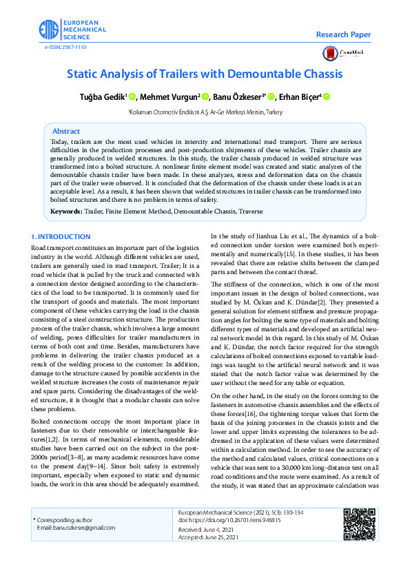 (PDF) Static Analysis of Trailers with Demountable Chassis | tugba gedik - Academia.edu