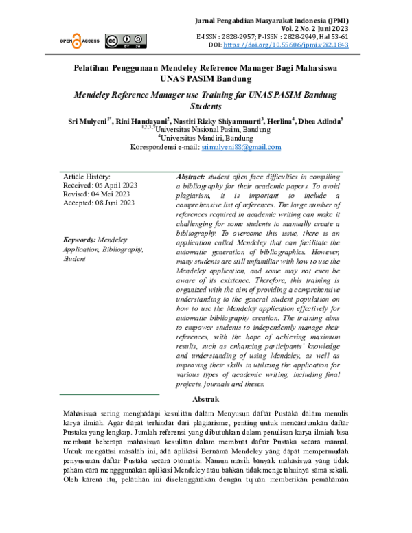 (PDF) Pelatihan Penggunaan Mendeley Reference Manager Bagi Mahasiswa UNAS PASIM Bandung
