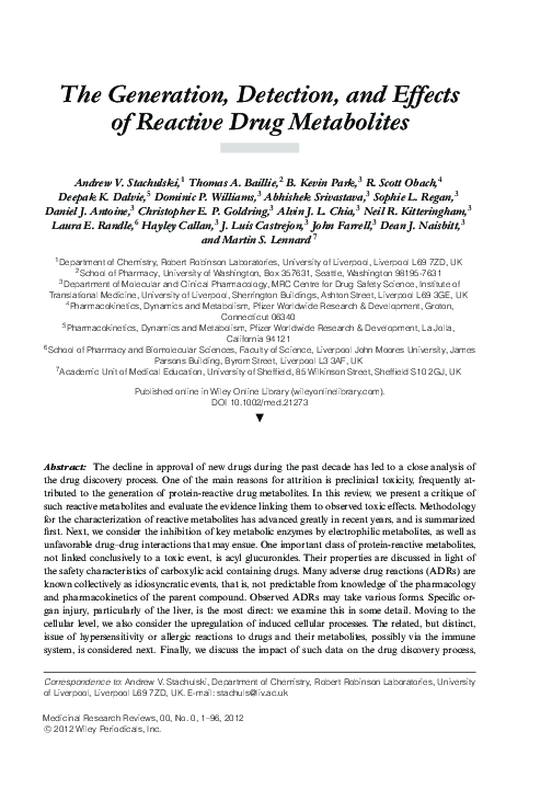 (PDF) The Generation, Detection, and Effects of Reactive Drug Metabolites