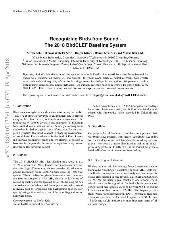 (PDF) Recognizing Birds from Sound - The 2018 BirdCLEF Baseline System