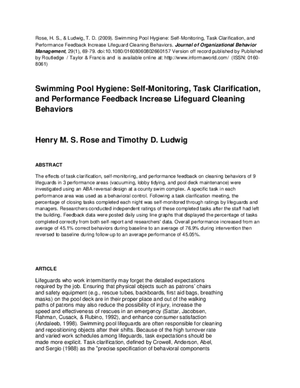 (PDF) Swimming Pool Hygiene: Self-Monitoring, Task Clarification, and ...