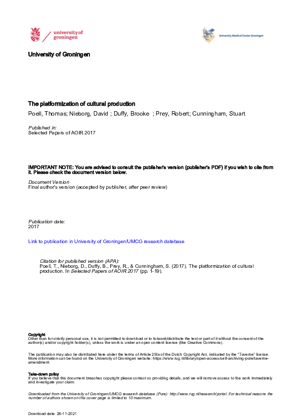(PDF) The platformization of cultural production