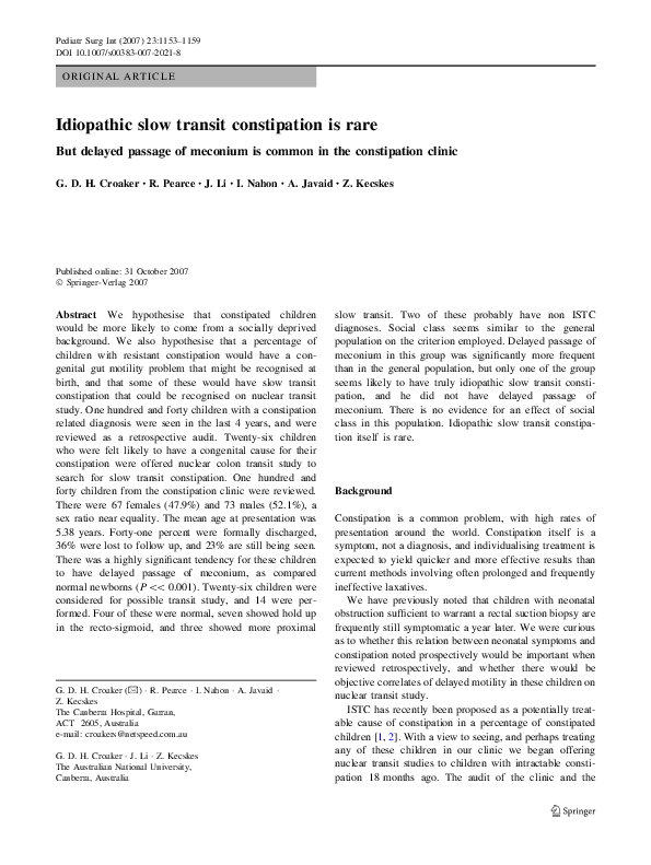 (PDF) Idiopathic slow transit constipation is rare