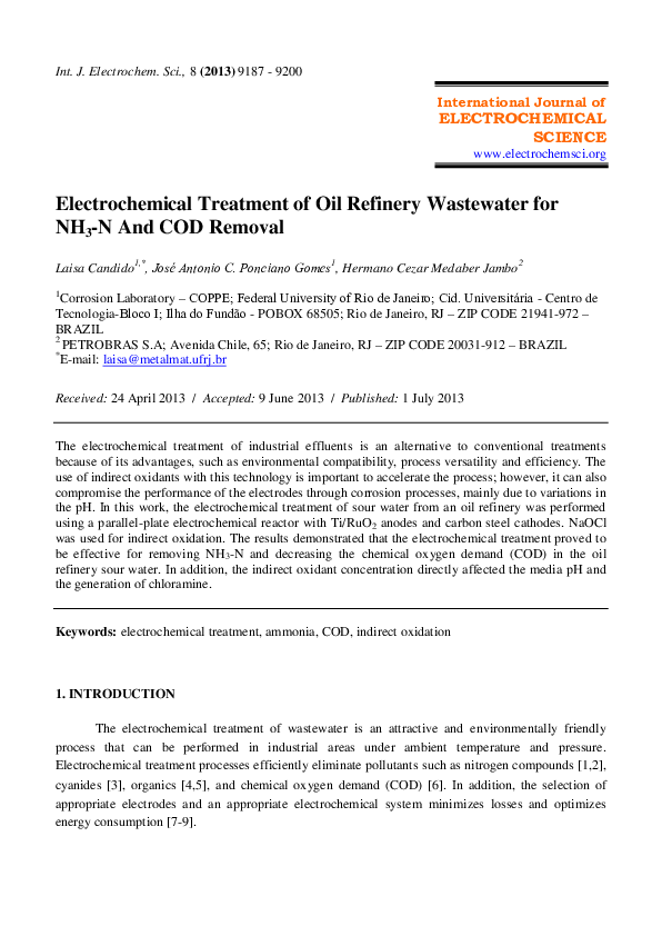 (PDF) Electrochemical Wastewater Treatment for NH3-N Removal