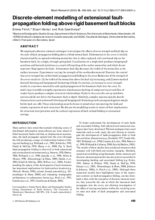Pdf Discrete‐element Modelling Of Extensional Fault‐propagation Folding Above Rigid Basement