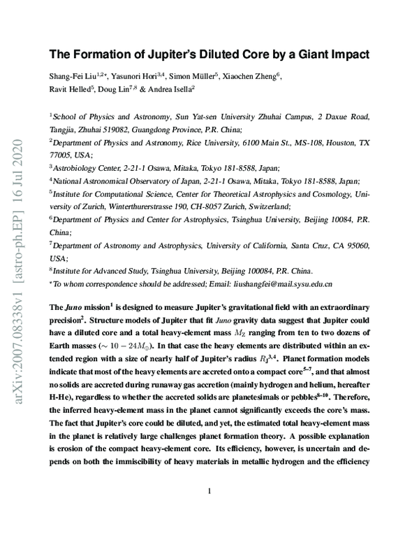 (PDF) The formation of Jupiter’s diluted core by a giant impact