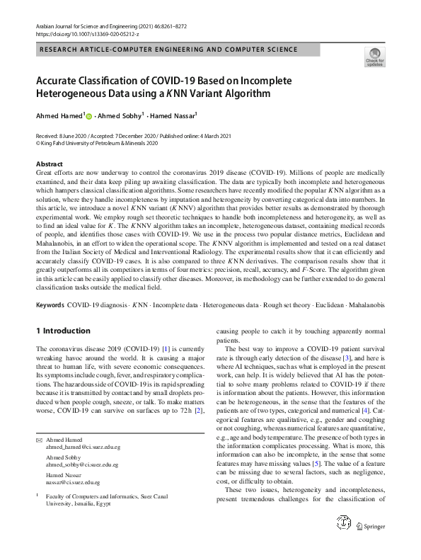 (PDF) Accurate Classification of COVID-19 Based on Incomplete Heterogeneous Data using a KNN ...