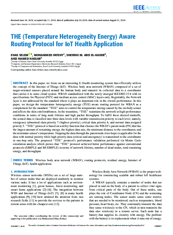 Pdf The Temperature Heterogeneity Energy Aware Routing Protocol For Iot Health Application