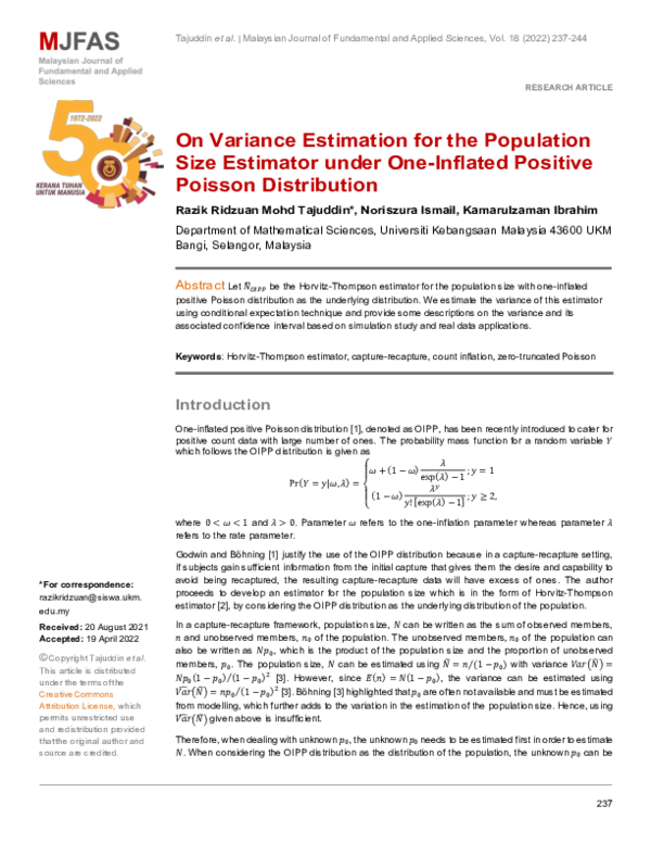 (PDF) On Variance Estimation for the Population Size Estimator under One-Inflated Positive ...
