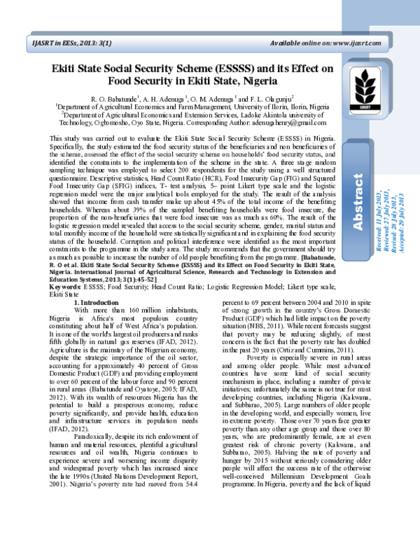 (PDF) Ekiti State Social Security Scheme (ESSSS) and its Effect on Food ...