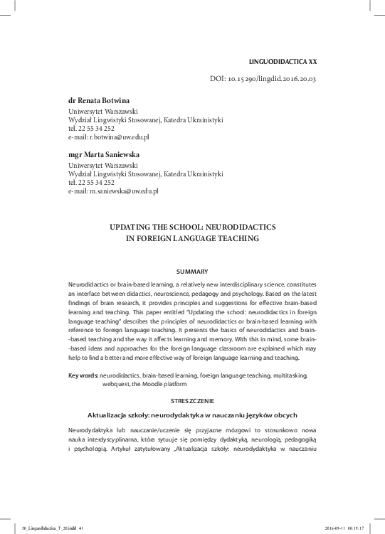 (PDF) Updating the school: neurodidactics in foreign language teaching