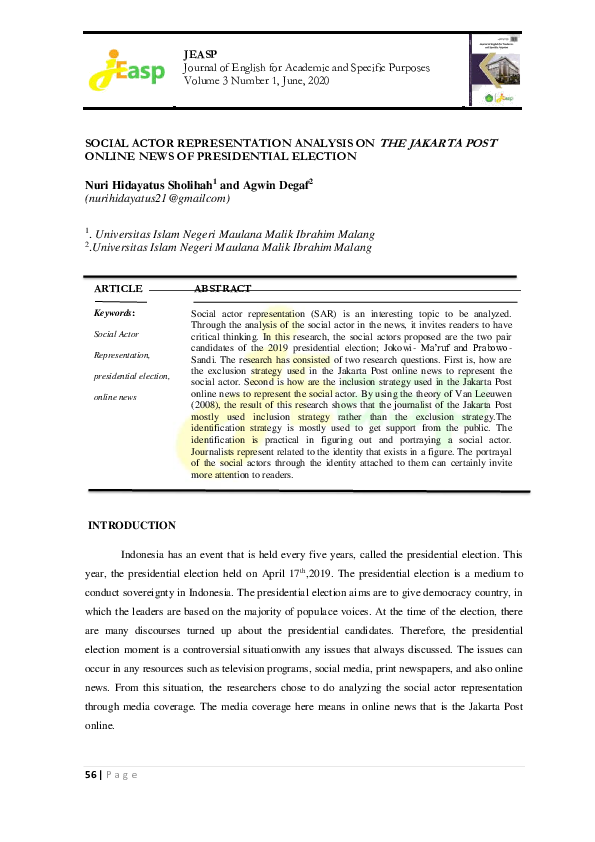 (PDF) Social Actor Representation Analysis on the Jakarta Post Online ...
