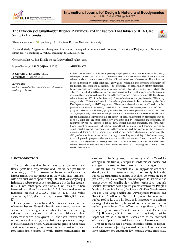 (PDF) The Efficiency of Smallholder Rubber Plantations and the Factors That Influence It: A Case ...