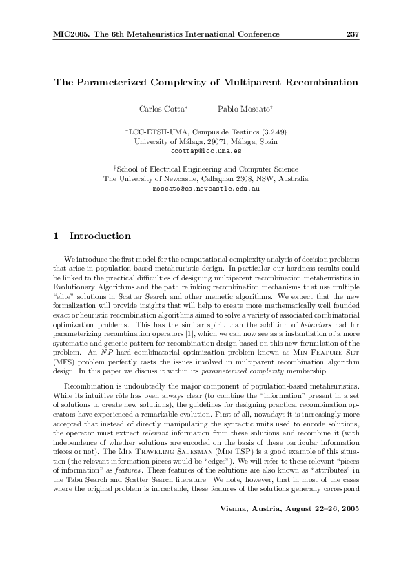 (PDF) The Parameterized Complexity of Multiparent Recombination