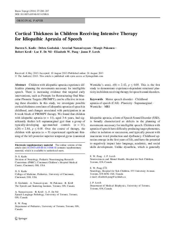 (PDF) Cortical Changes in Children with Apraxia