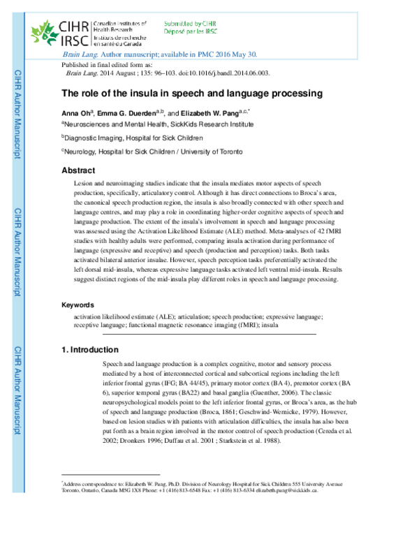 (PDF) The role of the insula in speech and language processing