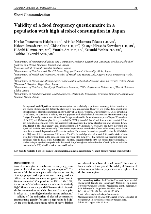 (PDF) Validity of a food frequency questionnaire in a population with ...