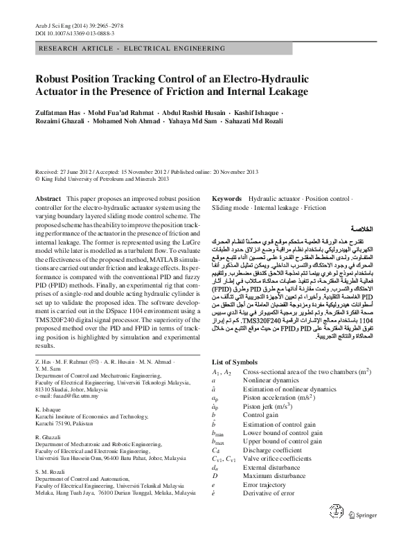 Pdf Robust Position Tracking Control Of An Electro Hydraulic Actuator In The Presence Of