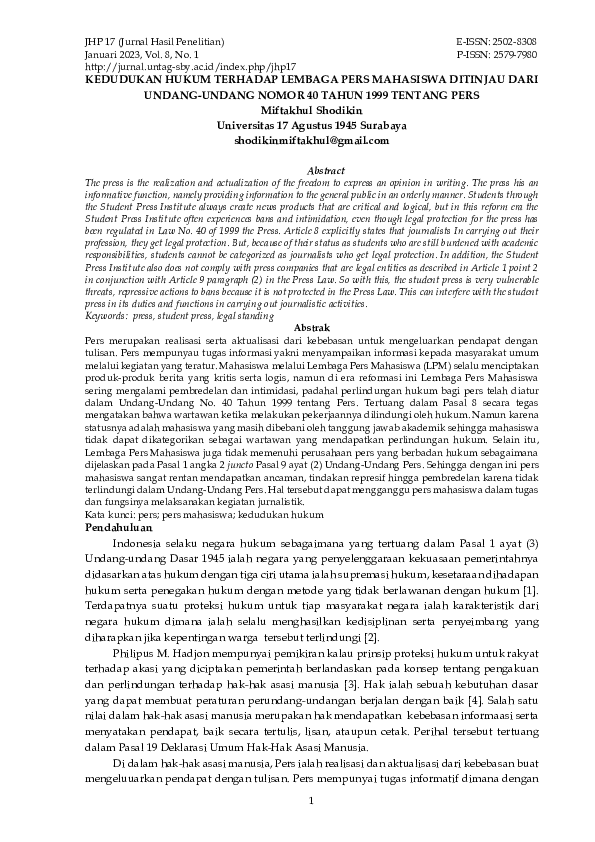 (PDF) Kedudukan Hukum Terhadap Lembaga Pers Mahasiswa Ditinjau Dari ...