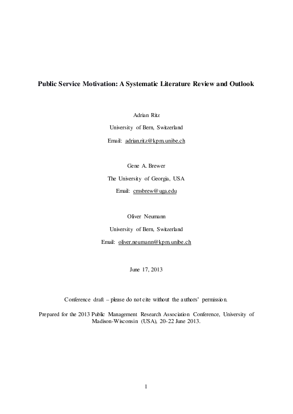 (PDF) Public Service Motivation: A Systematic Literature Review and Outlook