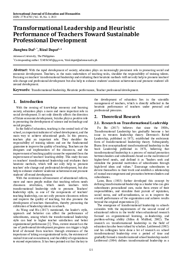 (PDF) Transformational Leadership and Heuristic Performance of Teachers Toward Sustainable ...