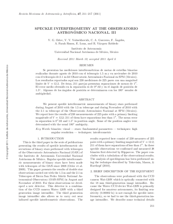 (PDF) Speckle Interferometry at the Oservatorio Astronómico Nacional: III