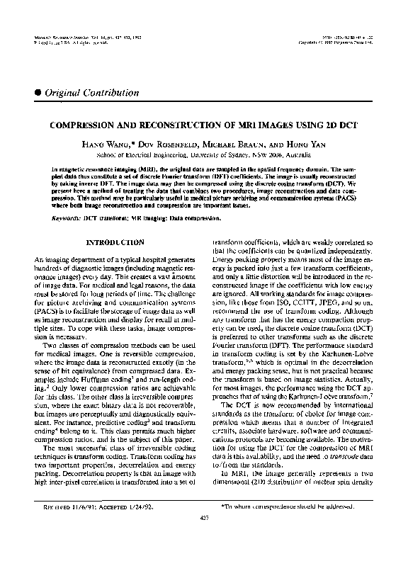 (PDF) Compression and reconstruction of MRI images using 2D DCT
