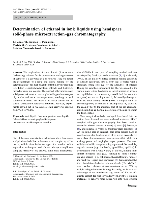 (PDF) Determination of ethanol in ionic liquids using headspace solid-phase microextraction–gas ...