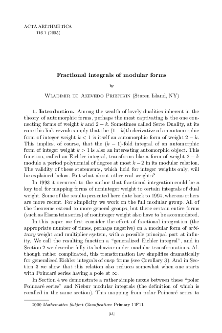 (PDF) Fractional integrals of modular forms