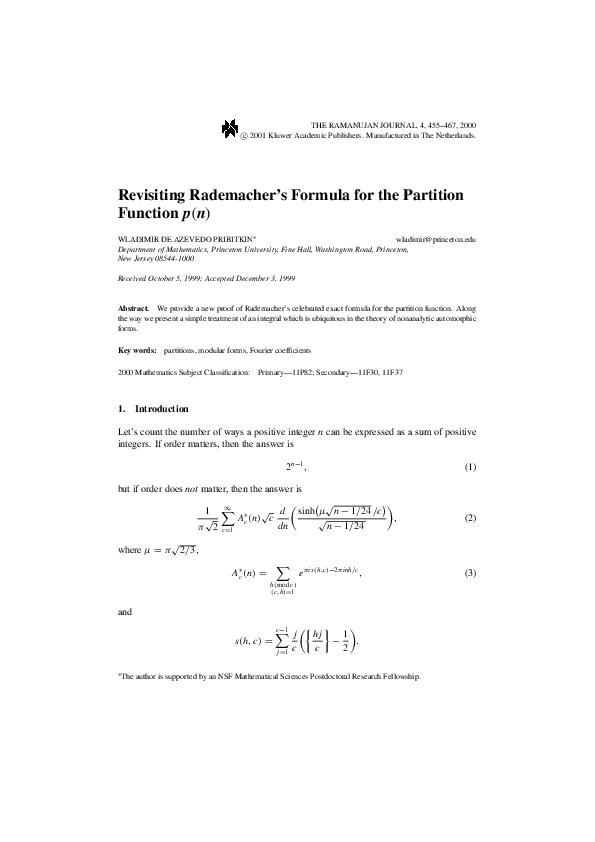 (PDF) Revisiting Rademacher's Formula for the Partition Function p(n