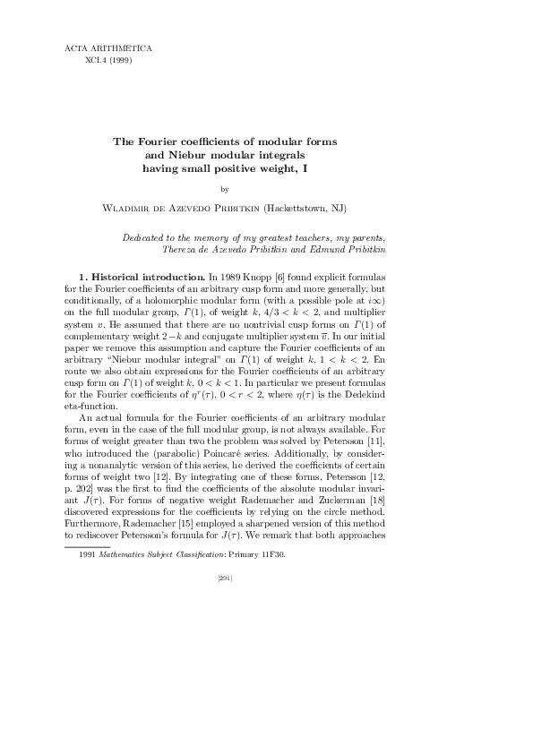 (PDF) The Fourier coefficients of modular forms and Niebur modular ...