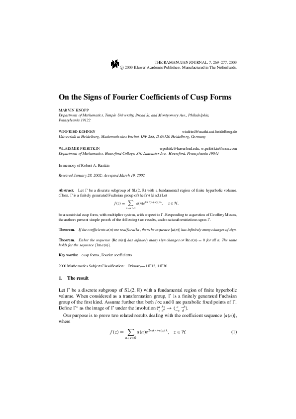 Pdf On The Signs Of Fourier Coefficients Of Cusp Forms