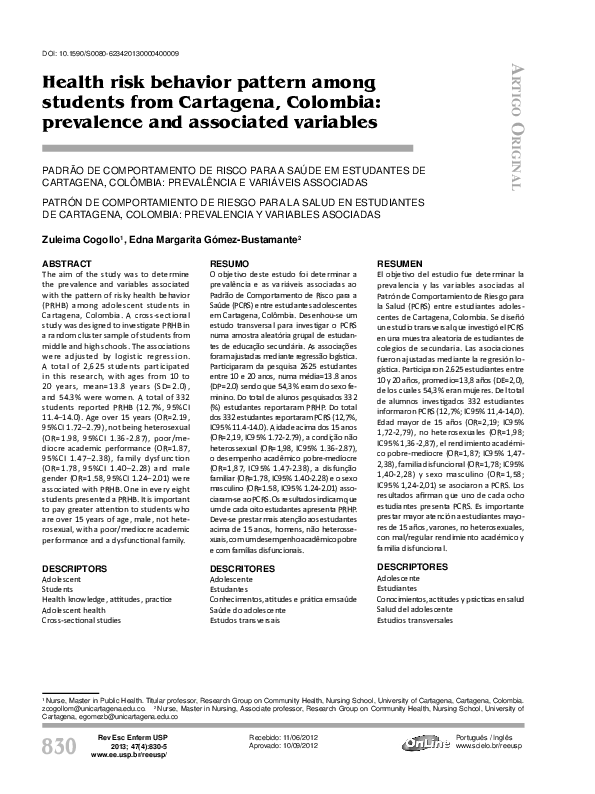 (PDF) Health risk behavior pattern among students from Cartagena ...