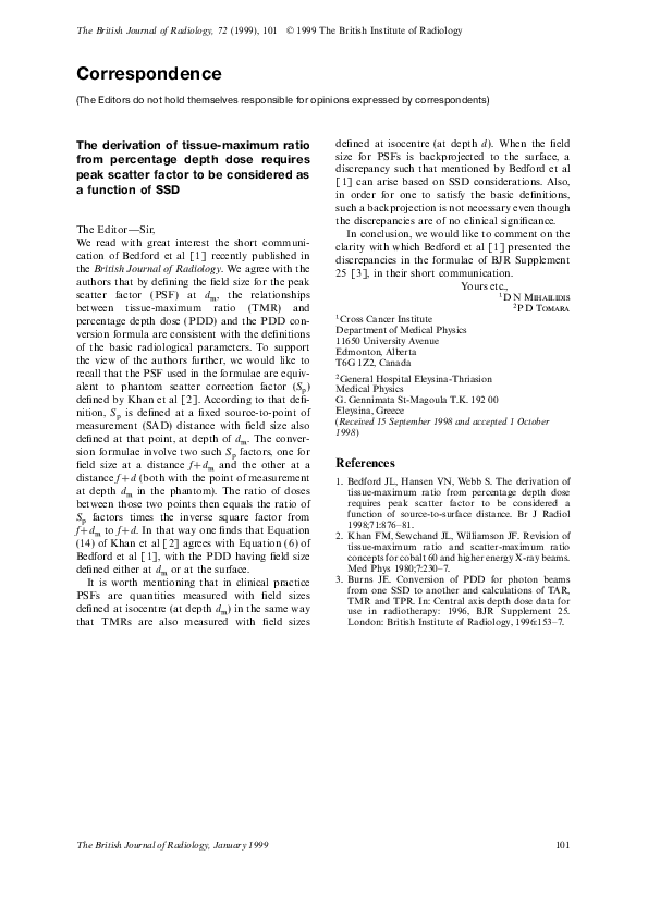 (PDF) The derivation of tissue-maximum ratio from percentage depth dose requires peak scatter ...