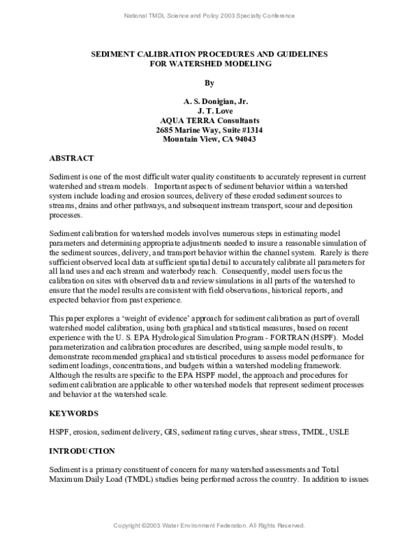 (PDF) Sediment Calibration Procedures and Guidelines for Watershed Modeling | Tony Donigian ...