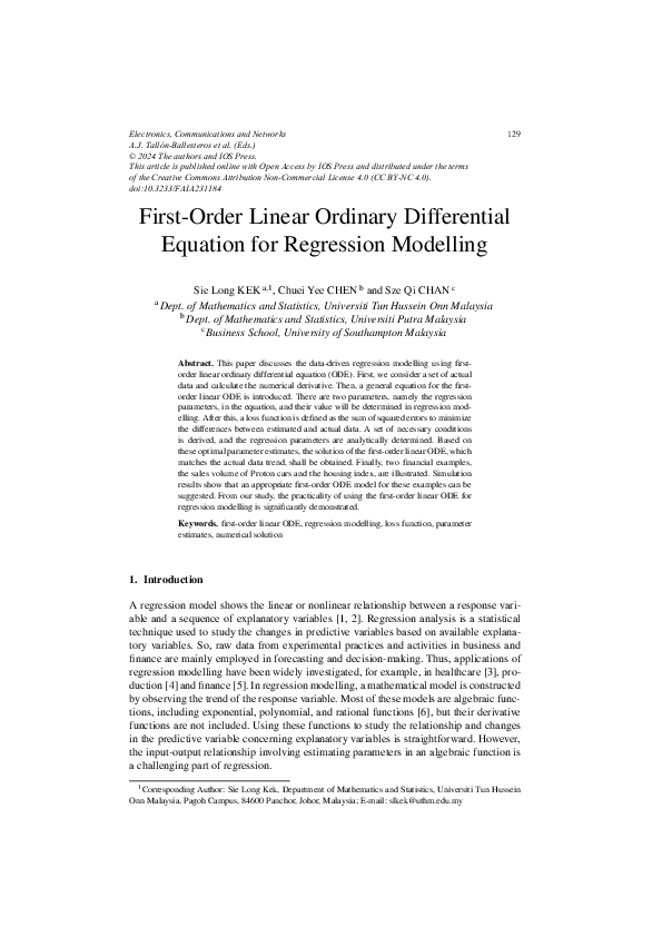 Pdf First Order Linear Ordinary Differential Equation For Regression