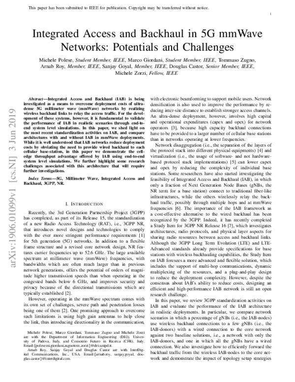 (PDF) Integrated Access and Backhaul in 5G mmWave Networks: Potential and Challenges