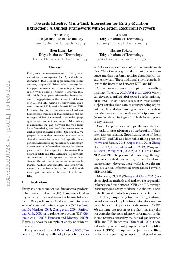 Pdf Towards Effective Multi Task Interaction For Entity Relation Extraction A Unified