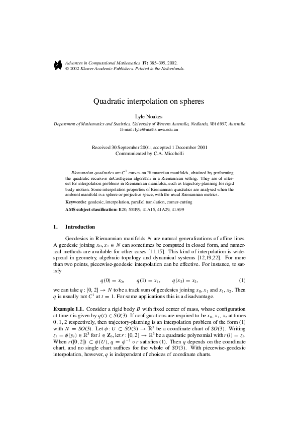 (PDF) Quadratic Interpolation on Spheres