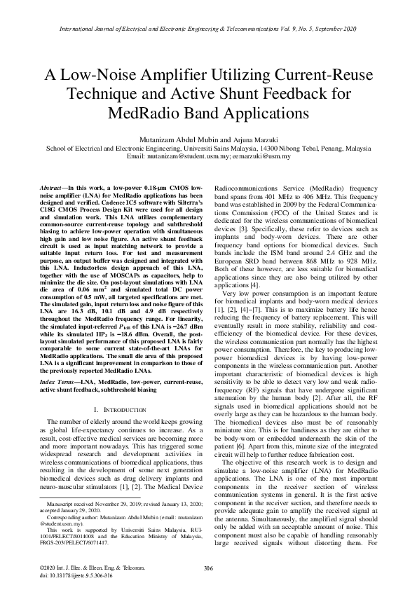 (PDF) A Low-Noise Amplifier Utilizing Current-Reuse Technique and Active Shunt Feedback for ...