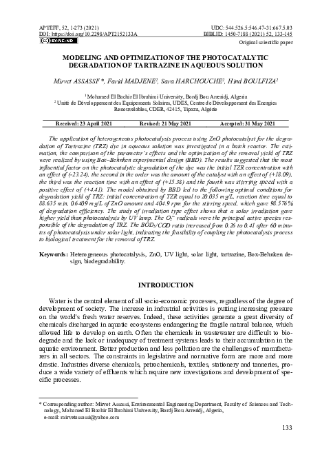 (PDF) Modeling and optimization of the photocatalytic degradation of Tartrazine in aqueous solution