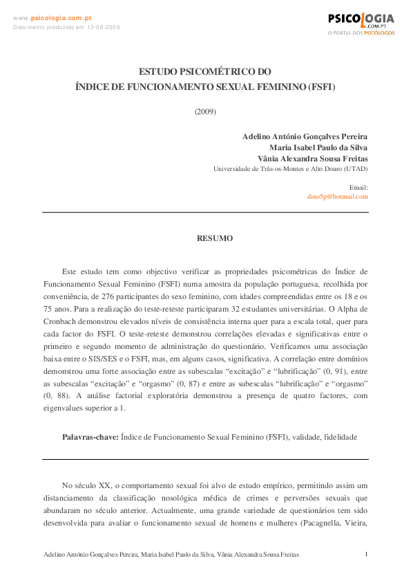 (PDF) Estudo Psicométrico Do Índice De Funcionamento Sexual Feminino (Fsfi)