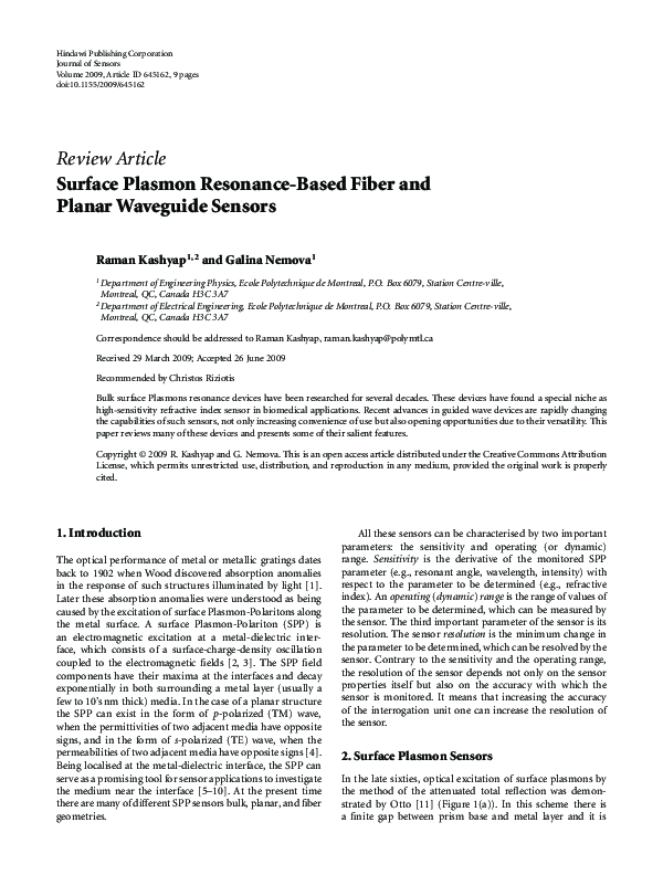 (PDF) Surface Plasmon Resonance-Based Fiber and Planar Waveguide Sensors