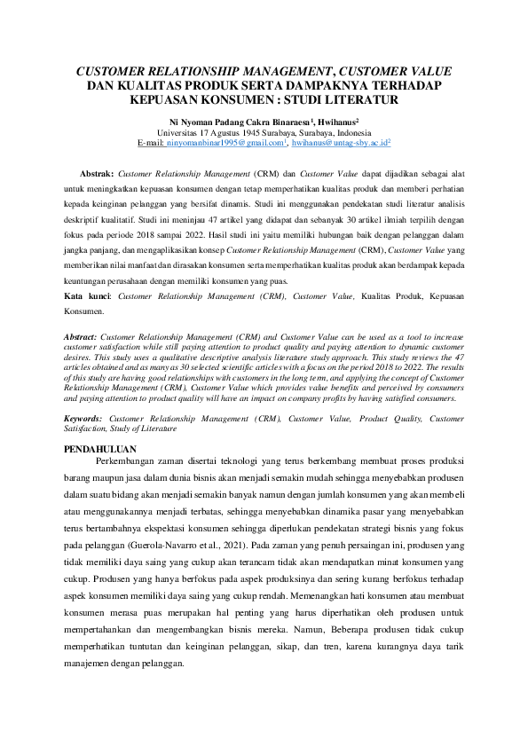 (PDF) CUSTOMER RELATIONSHIP MANAGEMENT, CUSTOMER VALUE DAN KUALITAS PRODUK SERTA DAMPAKNYA ...