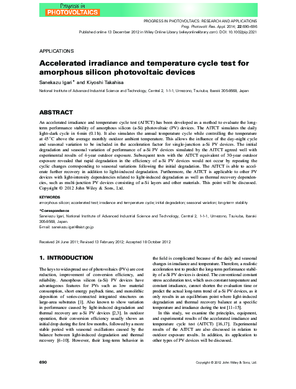 (PDF) Accelerated irradiance and temperature cycle test for amorphous ...