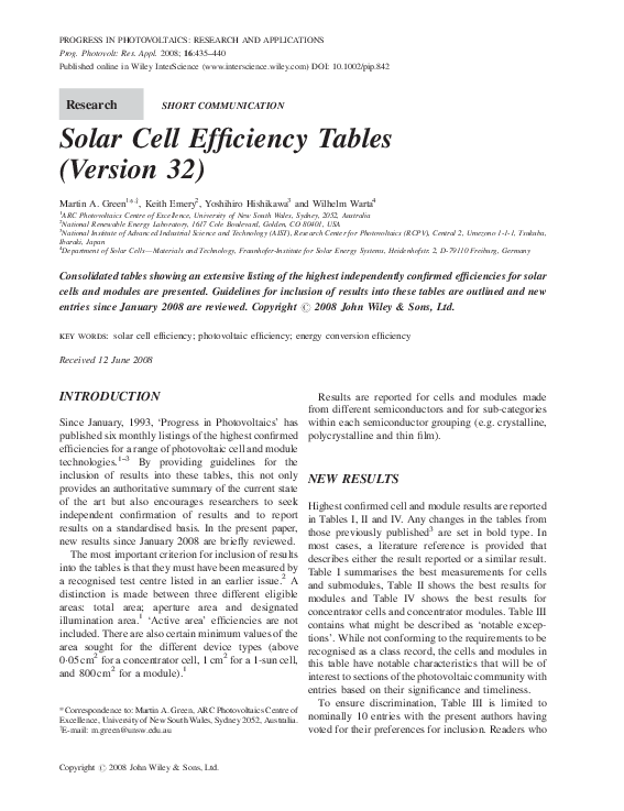 (PDF) Solar Cell Efficiency Tables (Version 9)